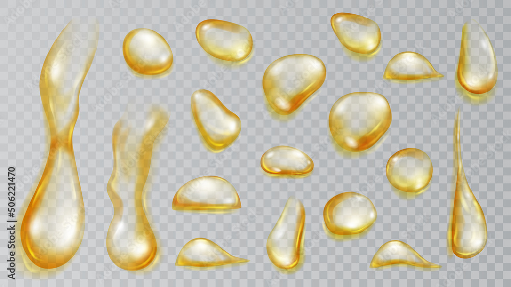 Set of realistic translucent water drops in yellow colors in various ...