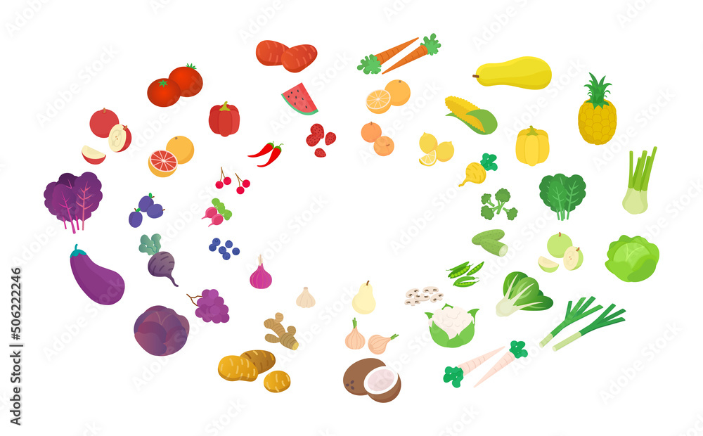 Rainbow food graph. Yellow, green, white, purple and red fruits and ...