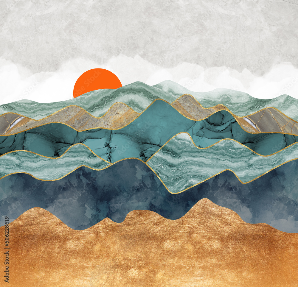 landscape wallpaper design with Golden mountain line arts, luxury ...