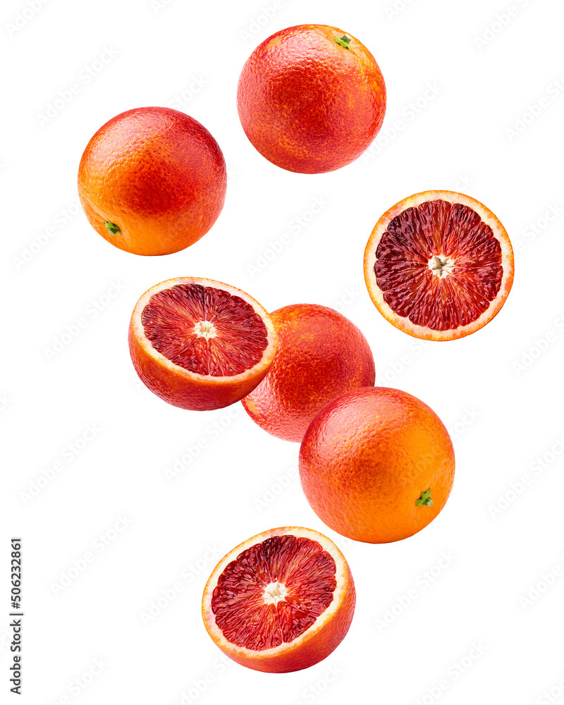 Falling red blood orange, isolated on white background, clipping path ...