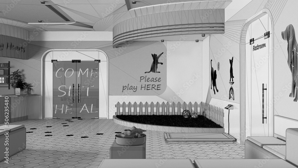 Unfinished project draft, veterinary architecture project. Waiting room ...