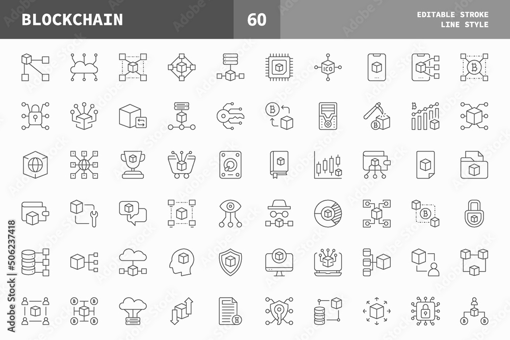 Blockchain icons set. Line set of vector icons editable stroke and ...