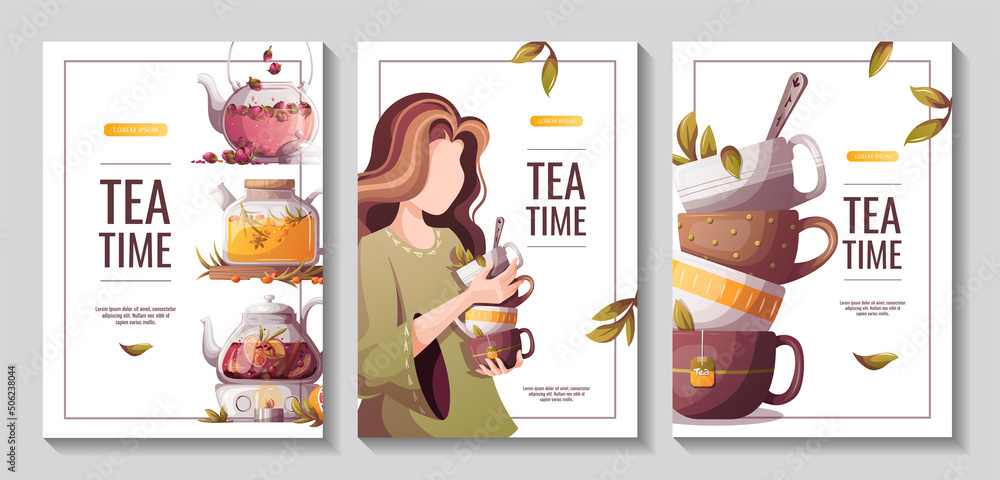 Flyer set with woman, teapots, teacups. Tea shop, cafe-bar, tea lover ...