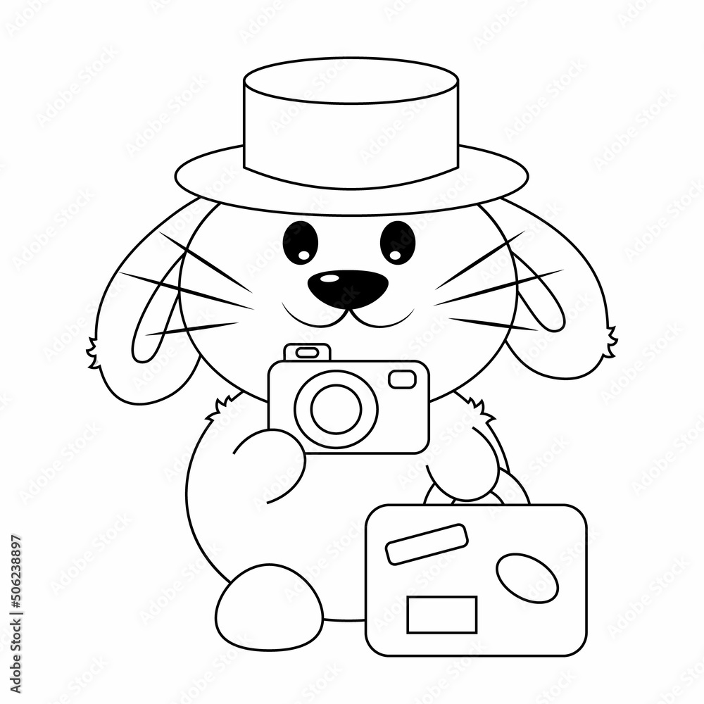 Cute cartoon Rabbit Tourist with camera and suitcase. Draw illustration ...