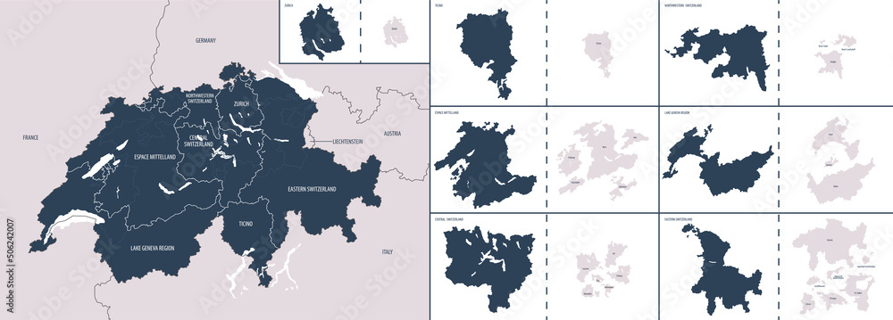 Vector color detailed map of Switzerland with the administrative ...