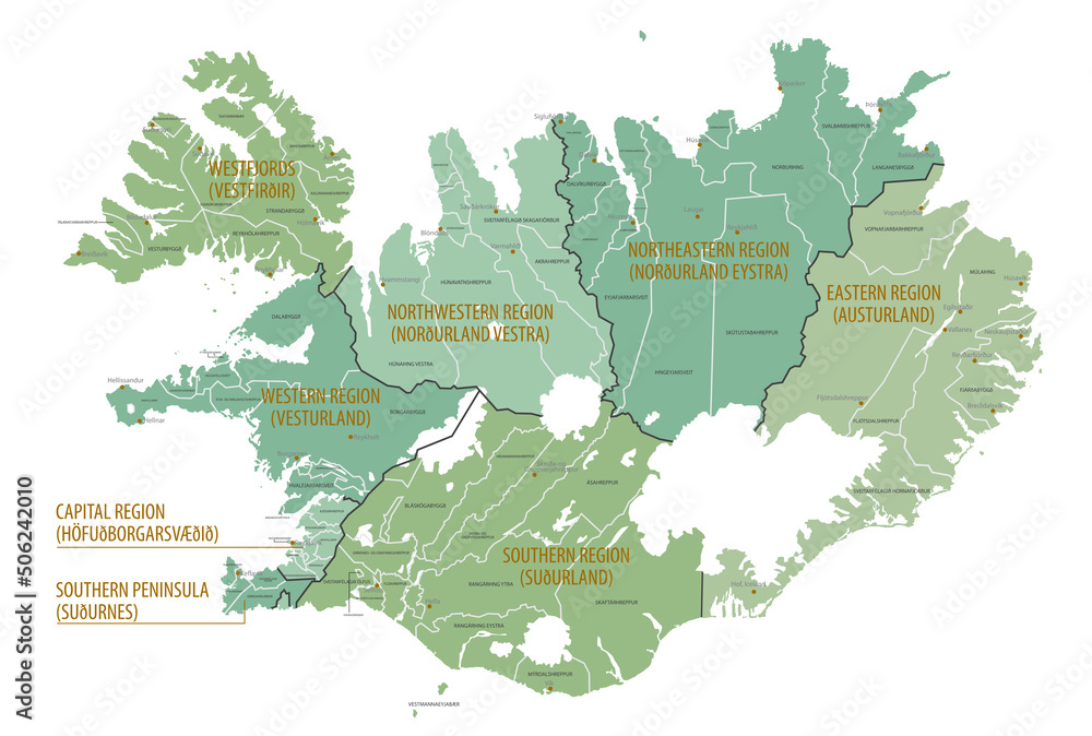Detailed map of Iceland with administrative divisions into Regions and ...