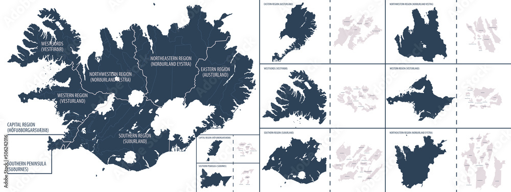 Vector color detailed map of Iceland with the administrative divisions ...