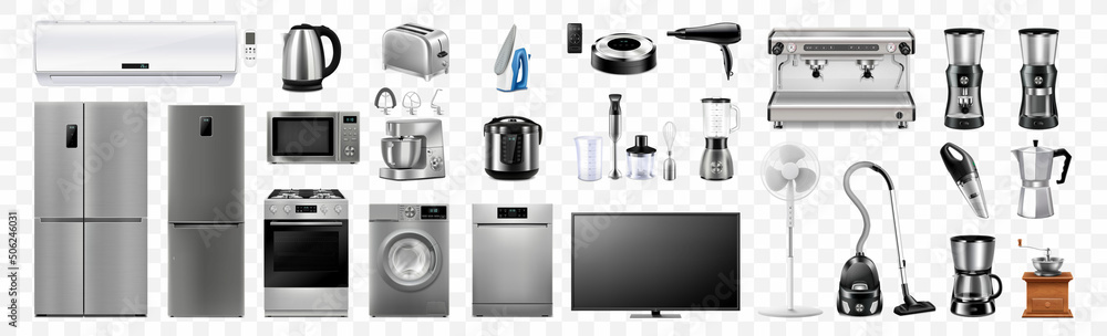 A set of household appliances: microwave oven, washing machine ...