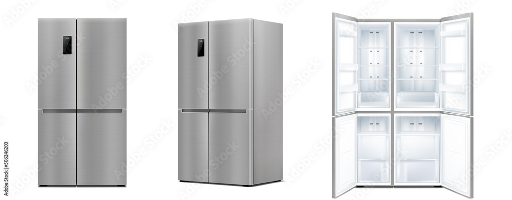 Realistic refrigerator with double doors set. Modern two chambered ...