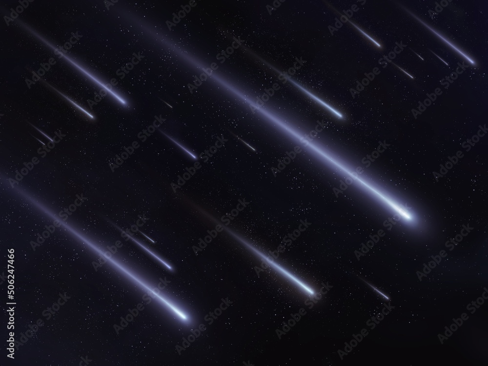 Meteor shower in the night sky. Bright meteor trails. Falling ...