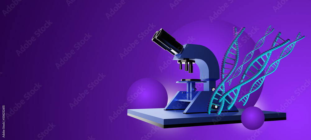 Microscope and DNA chain. DNA research. Place for inscription. Study of ...