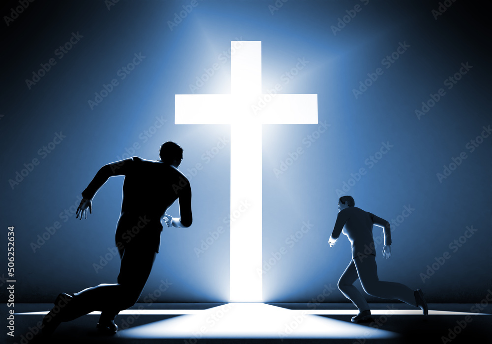Christian cross. Running men. Catholic cross glows in dark. Christian ...