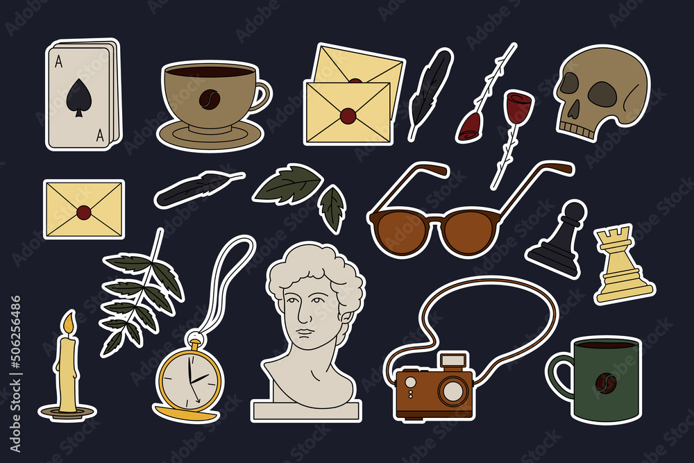 Dark Academia Sticker Pack. Elements of Popular subculture. Coffee ...