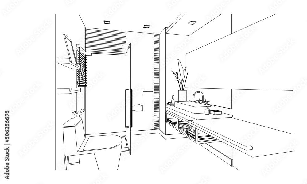 line drawing of bathroom,Modern design,3d rendering Stock Illustration ...