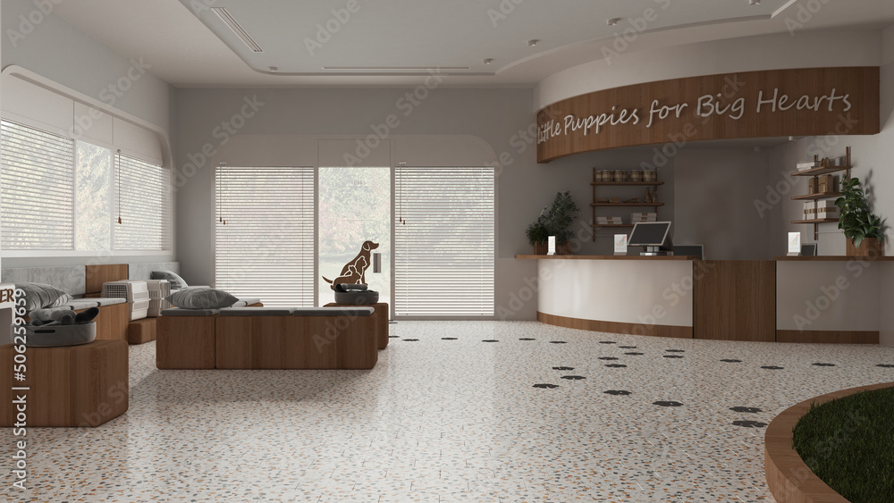 Veterinary clinic in white and wooden tones. Waiting room with sitting ...
