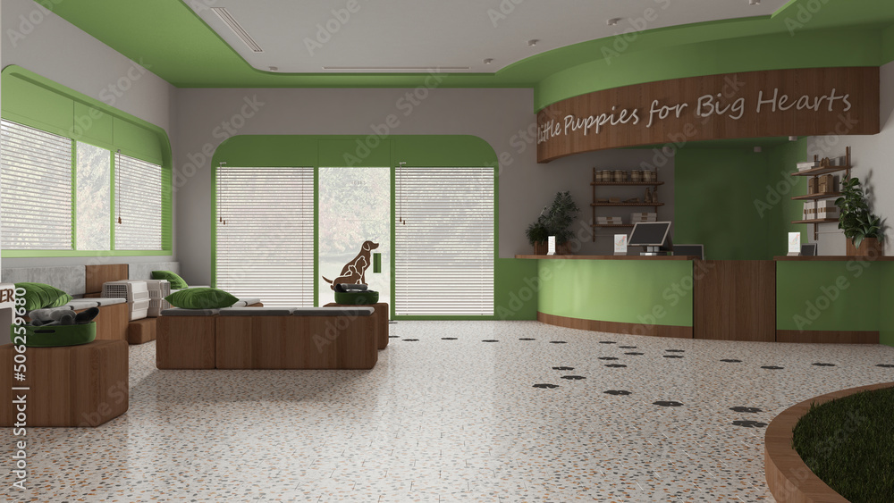 Veterinary clinic in green and wooden tones. Waiting room with sitting ...