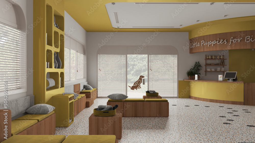 Veterinary hospital waiting room in yellow and wooden tones. Sitting ...