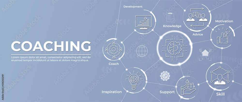 Banner Coaching Concept with Keywords and Values. Banner web icon for ...