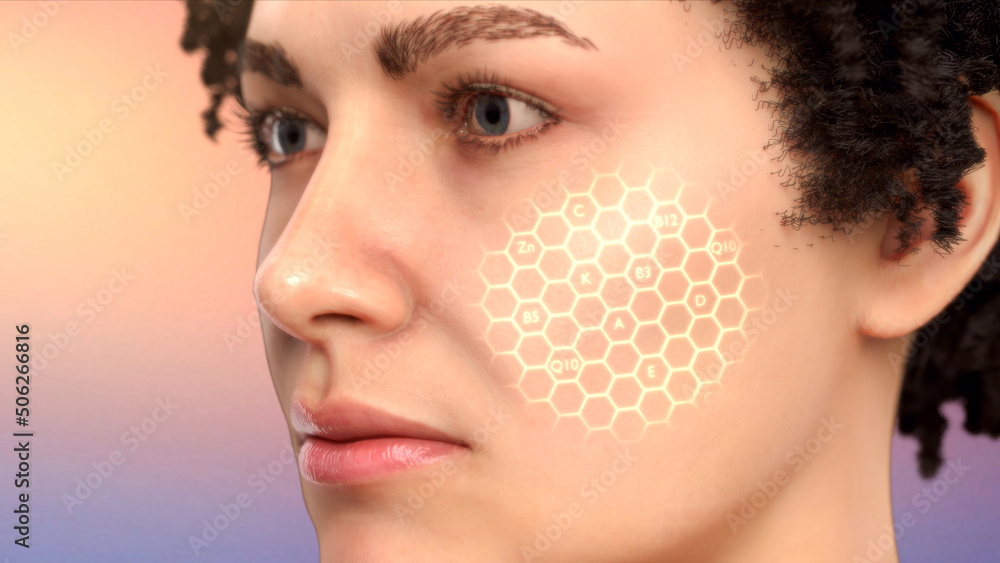 Clean and clear with glow woman face close up with realistic 3d ...