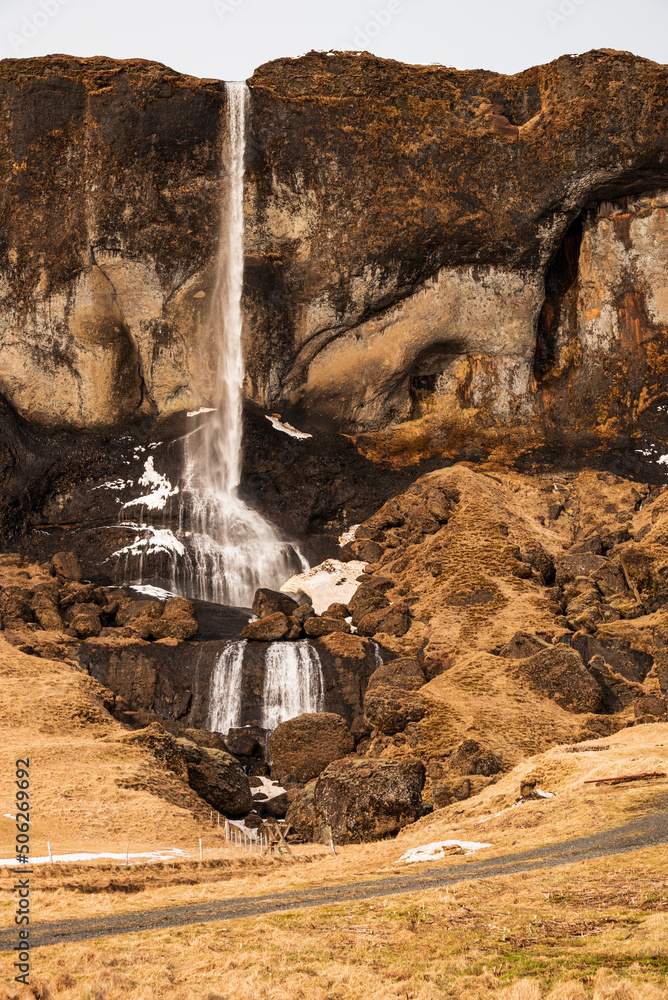 Foss á Síðu, the waterfall off the cliff, in a dry brown late winter ...