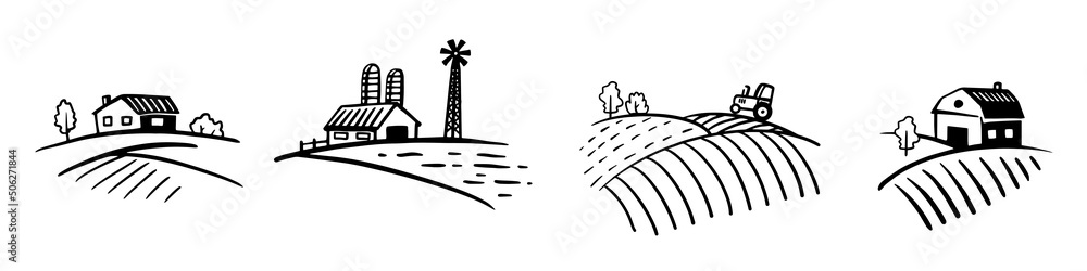 Set of farm scenery with trees, barn, windmill and tractor. Vector line ...