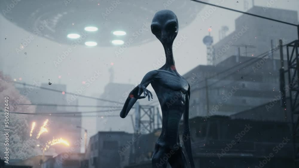Video „An alien stands in a ruined city against a backdrop of ...