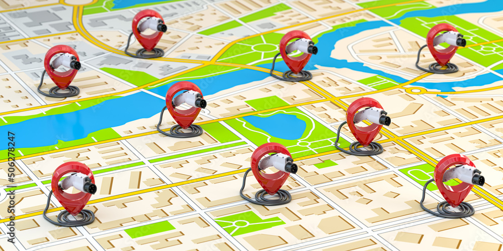 Electric car EV charging point location. Car charger power plugs with ...