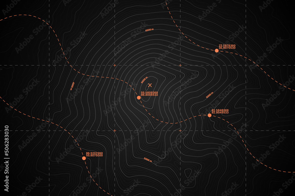 Vector Modern Dark Grey Topography Contour Map With Relief Elevation ...