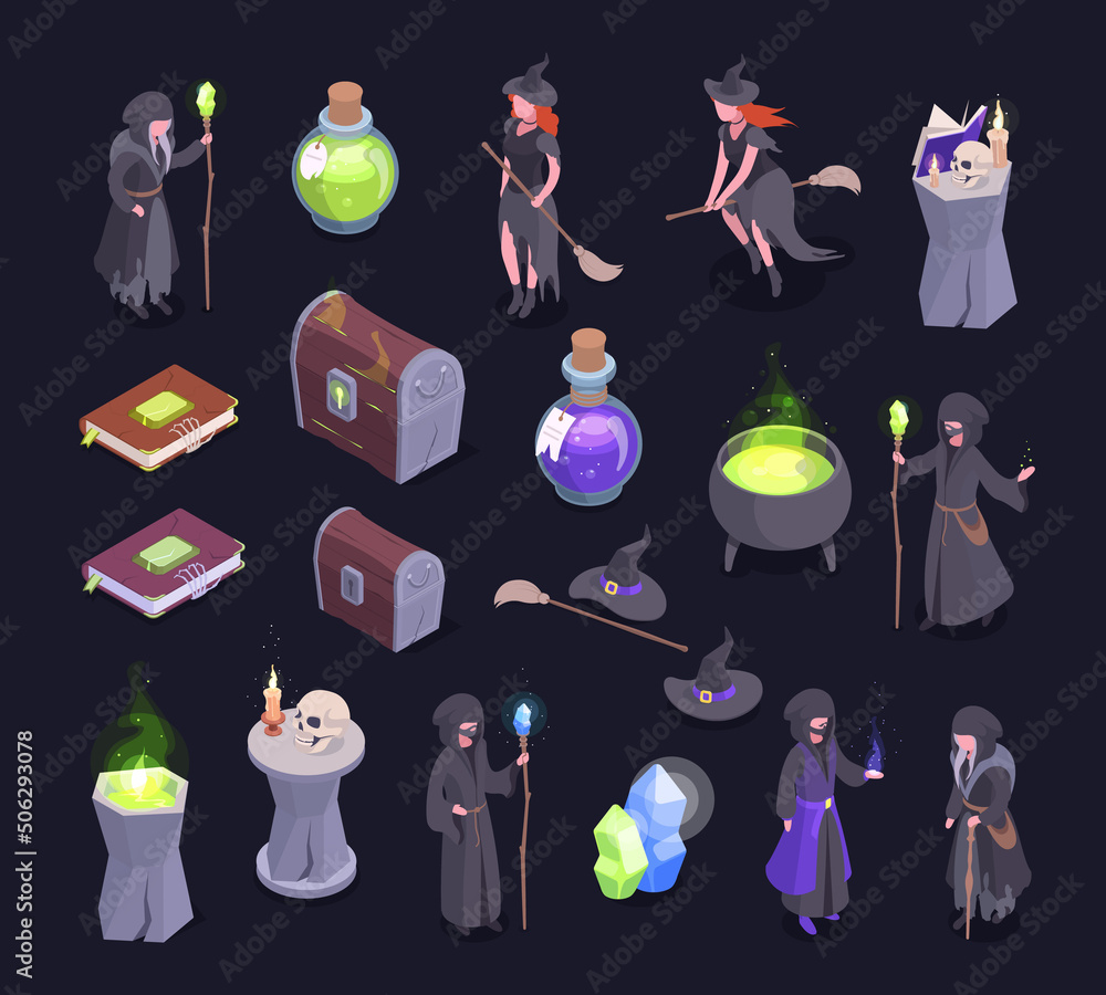 Isometric magic wizard and witch characters, witchcraft magician and ...