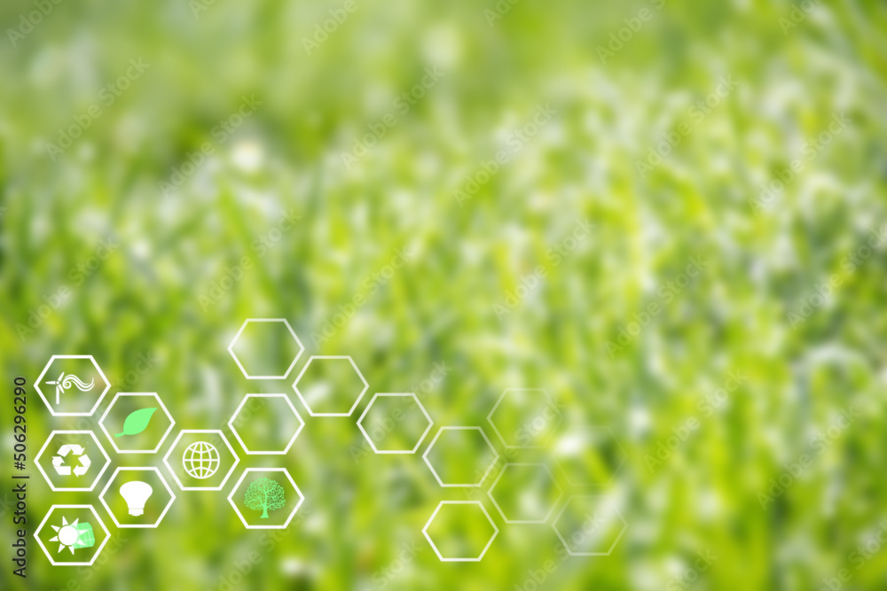 Green nature background with renewable energy icons, hexagons ...