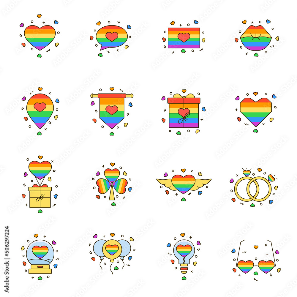 Set of LGBT love rainbow line icons: flag, heart, wedding ring, gift ...