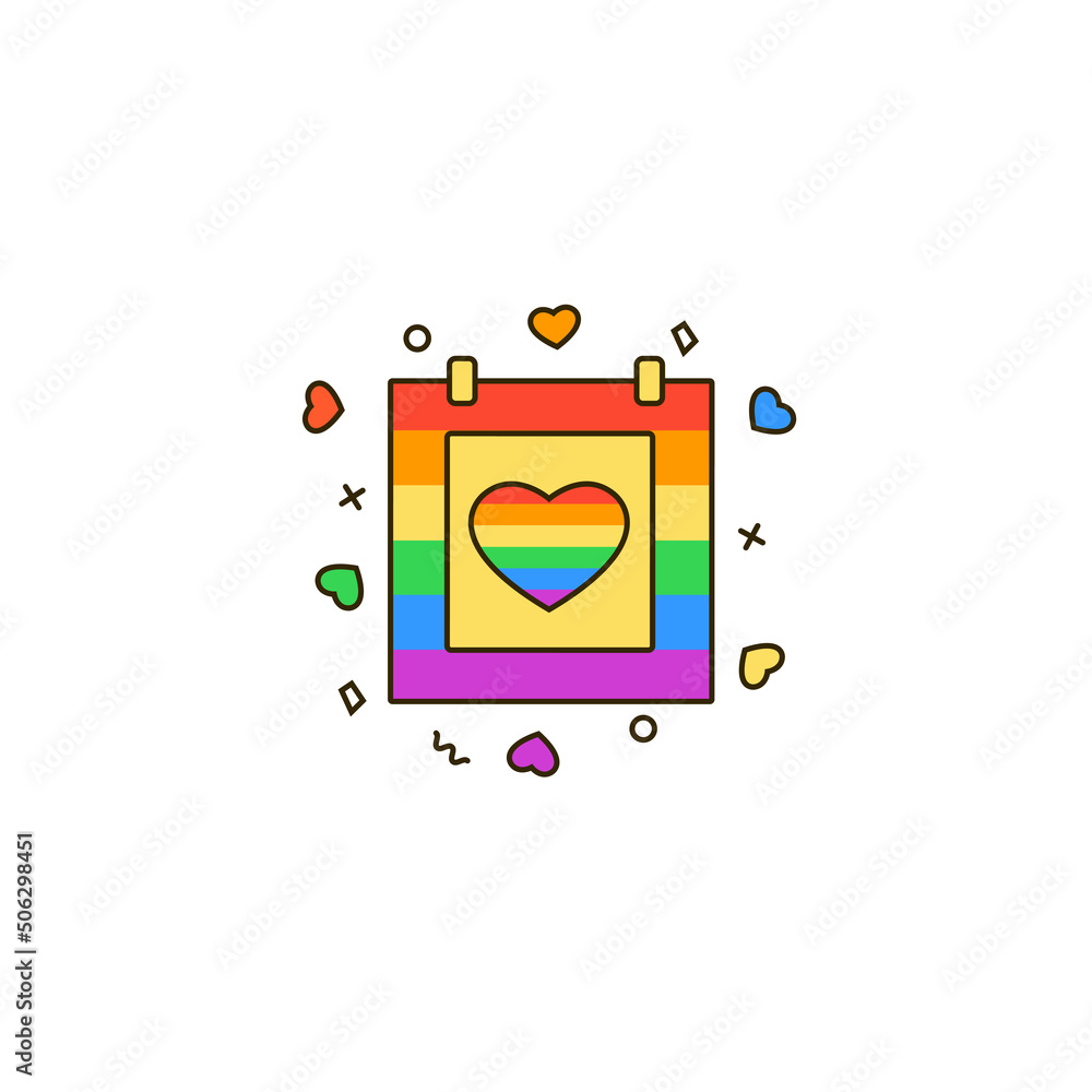 LGBT pride month calendar with rainbow heart - color line icon. Symbol ...