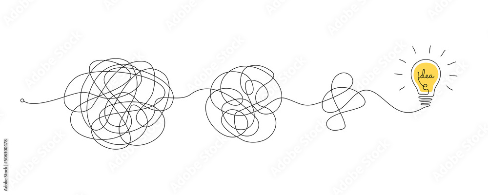 One continuous line drawing of way from chaotic to lightbulb. Concept ...