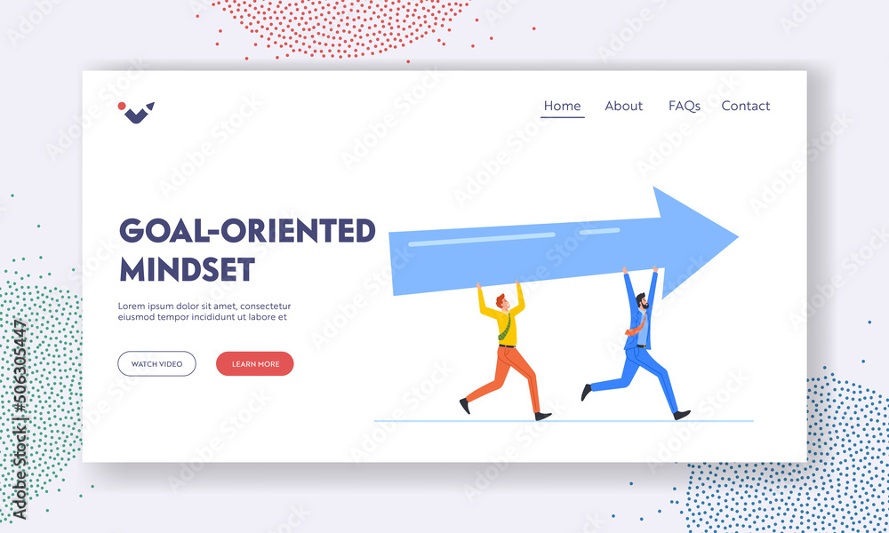 Goal Oriented Mindset Landing Page Template. Tiny Business Characters Team Holding Huge Arrow ...