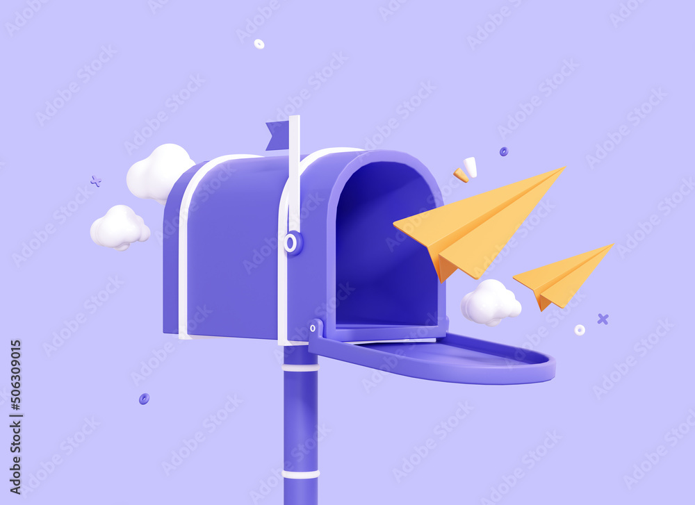 3D Cartoon Mailbox with Paper Airplane messages. Newsletter concept ...