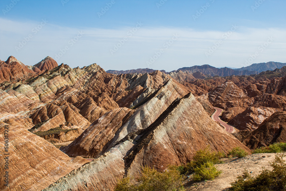 Sharp peaks of the Chinese rainbow mountains of Zhangye Danxia National ...