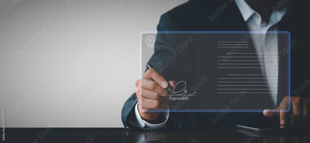 businessman use electronic pen sign signature on electronic E-signing ...