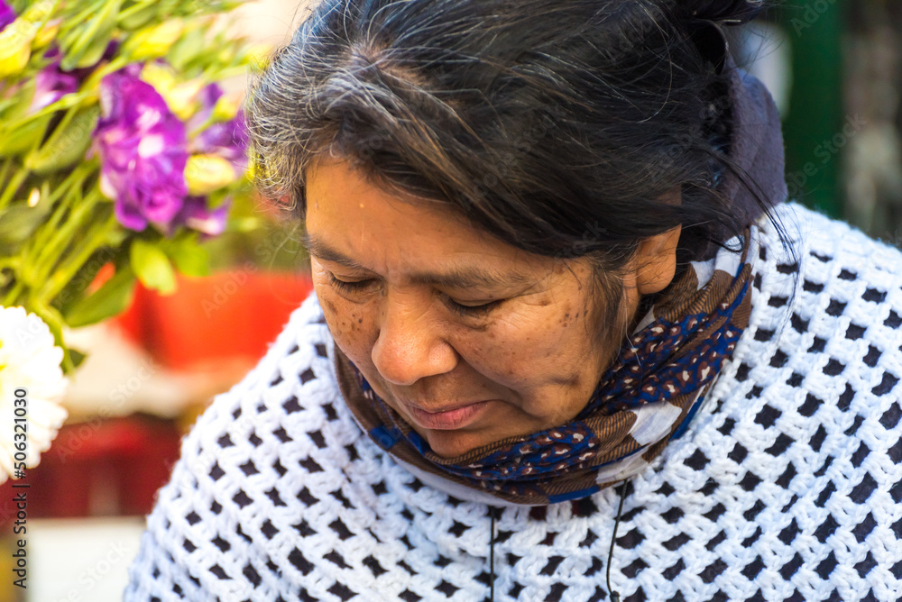 aboriginal woman working in a flower stall, fighter, humble ...