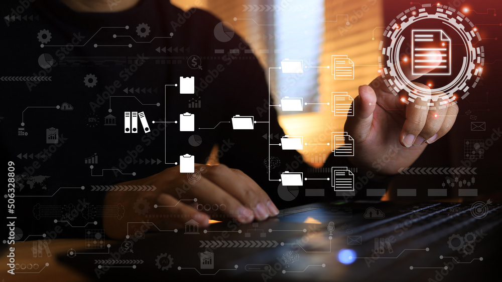 A Business man hand pointing click document management system or DMS online documentation ...