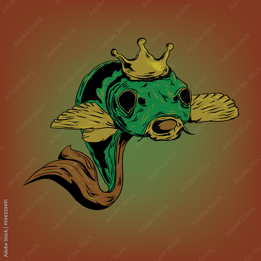 green fish with crown vector illustration. standing fish Stock Vector ...