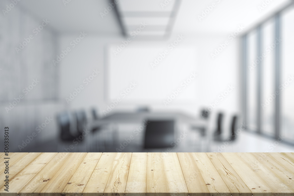 Empty office wooden table with empty space on modern conference room ...