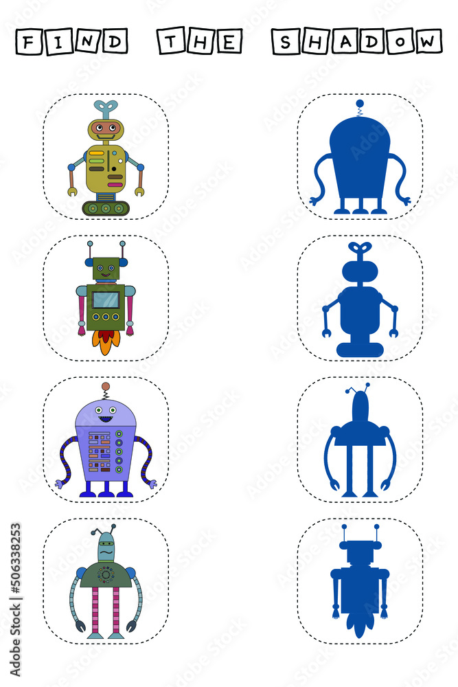 Find a shadow robots. Match funny heroes with correct shadow. Preschool ...
