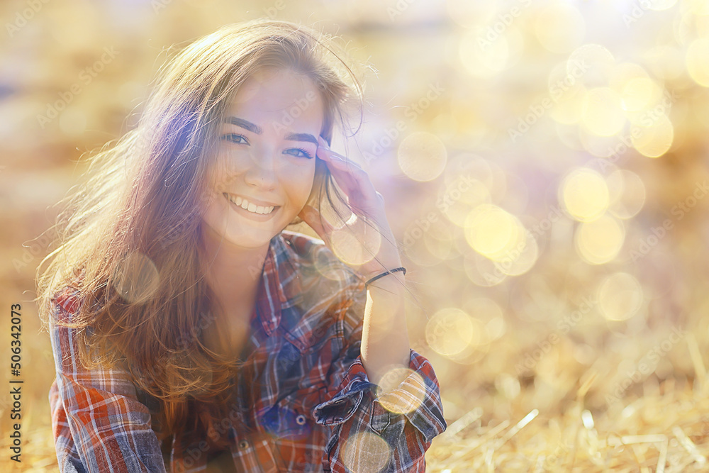 summer sunny portrait of a happy girl, female happiness sun glare straw ...