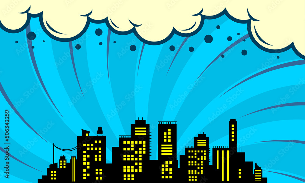 Comic blue background with city silhouette and cloud illustration Stock ...