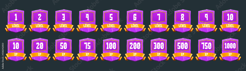 Purple badges with level number and xp points for game ui design ...