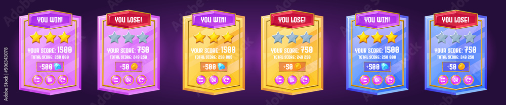 Game color glossy boards of win or lose and labels with score and ...
