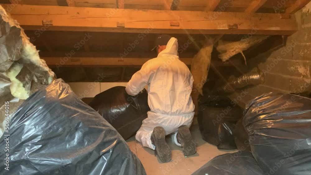 Man In PPE Suit And Mask ChangingThe Insulation Of House Then Put On ...
