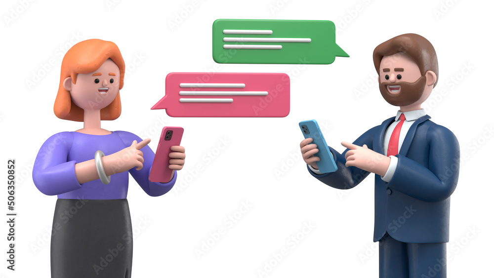 3D illustration of two cartoon characters send messages to each other ...