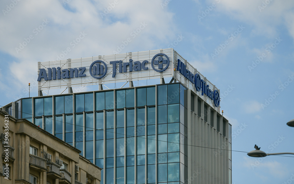 Allianz-Tiriac logo sign on top of Tiriac Tower modern office building ...
