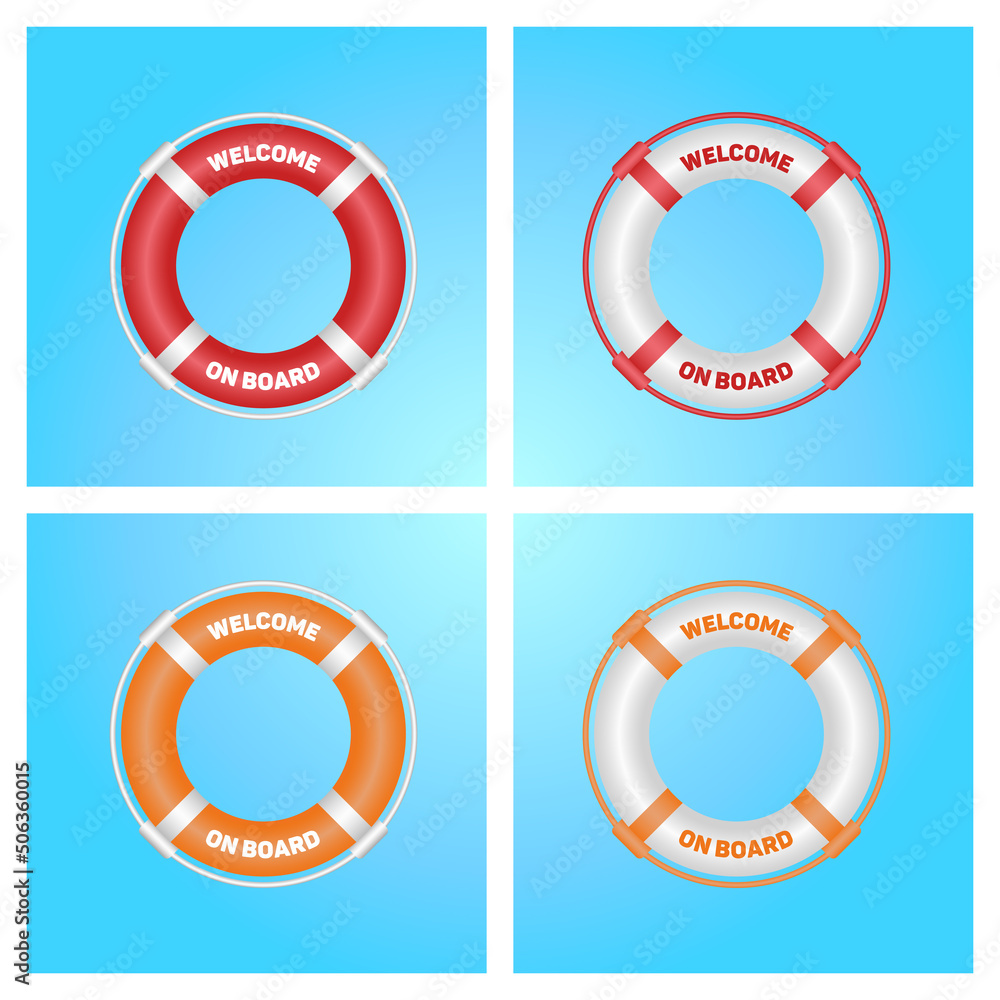 Realistic red, orange and white boat lifebuoy rings. 3D life buoys ...